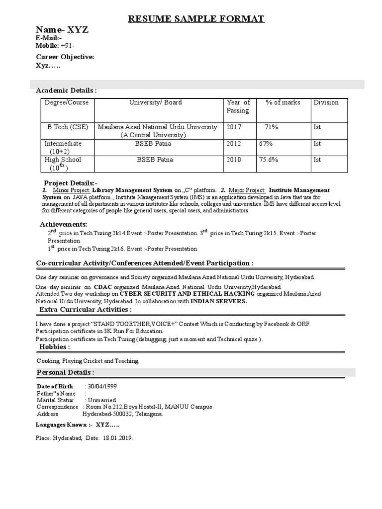 Resume Sample Format Name-XYZ | PDF