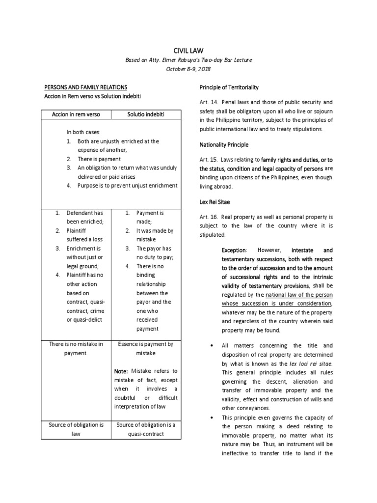 Civil Law: Based On Atty. Elmer Rabuya's Two-Day Bar Lecture October 8 ...