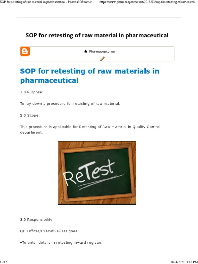 SOP For Retesting of Raw Material in Pharmaceutical - PharmaSOPcorner ...