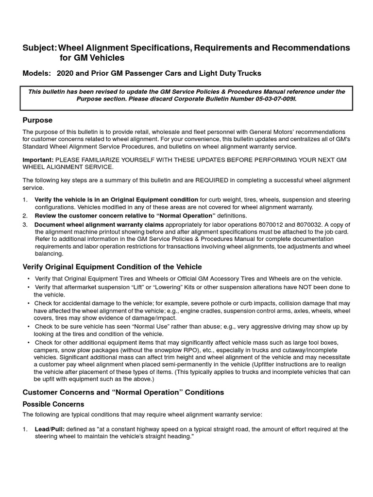 Subject: Wheel Alignment Specifications, Requirements and ...