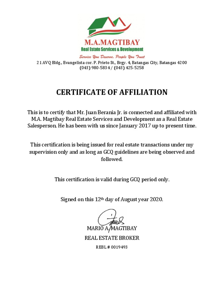 Certificate of Affiliation for Realtors | PDF | Real Estate Broker ...
