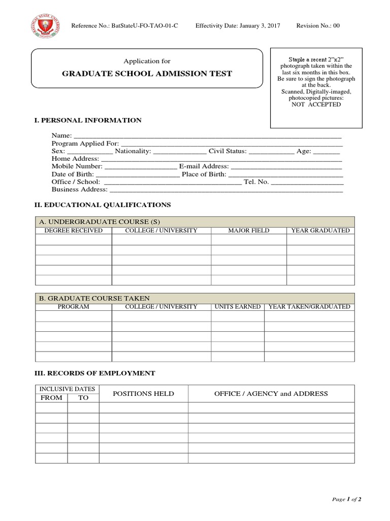 BatStateU FO TAO 01 C - Application For Graduate School Admission Test ...