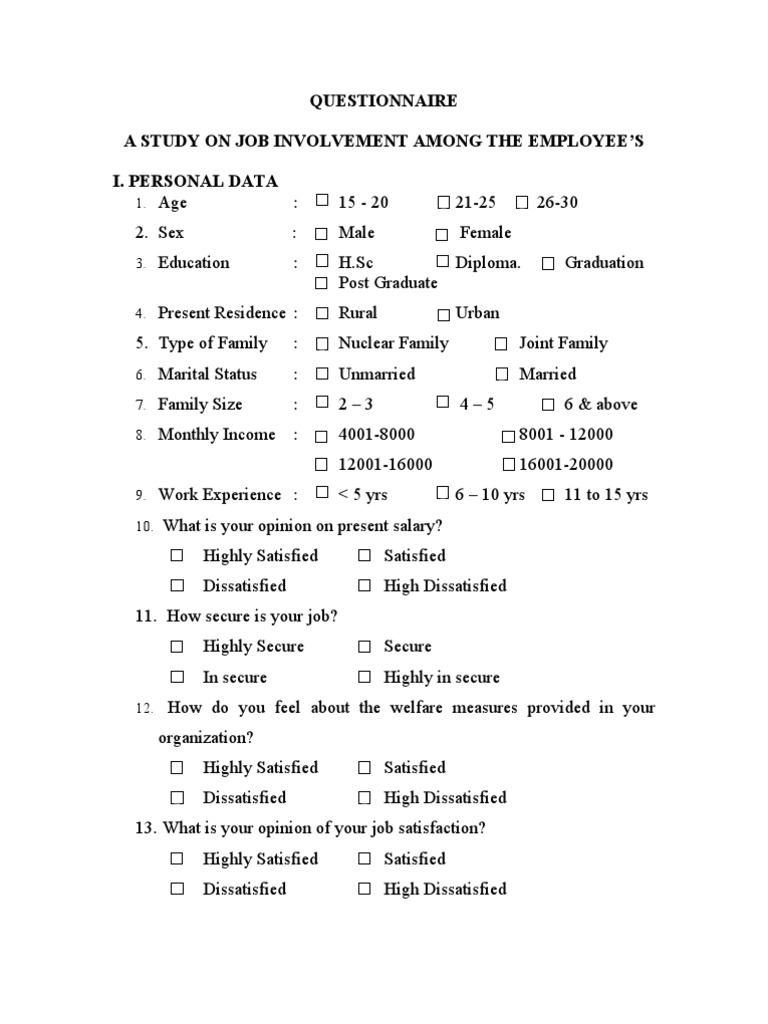 Assessing Job Involvement: A Detailed Questionnaire Exploring Employees ...