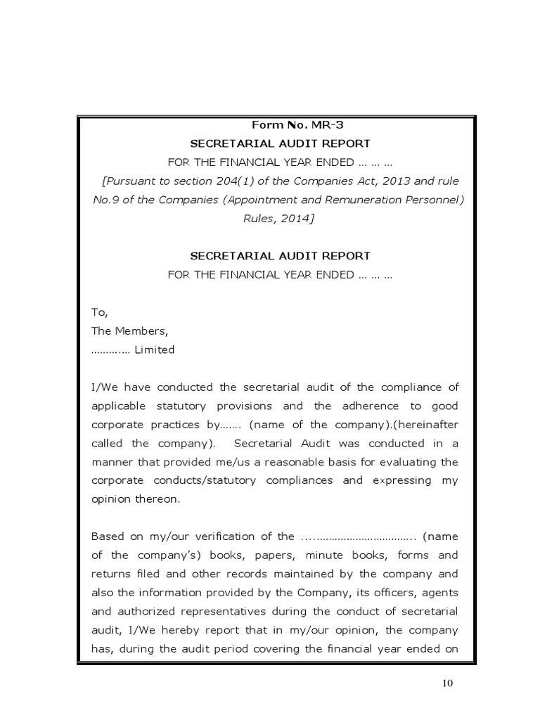 Secretarial Audit Report-Form MR3 | PDF | Securities (Finance) | Audit