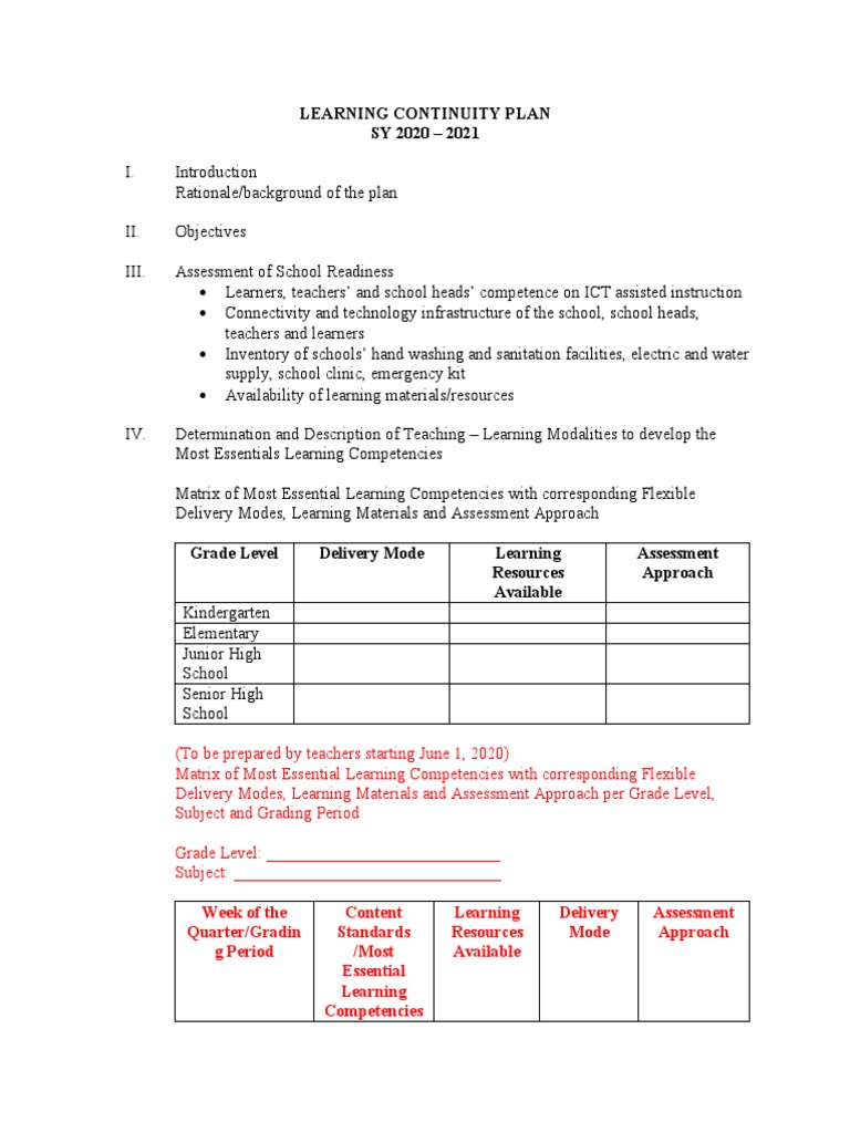 LEARNING CONTINUITY PLAN Template | PDF | Educational Technology ...