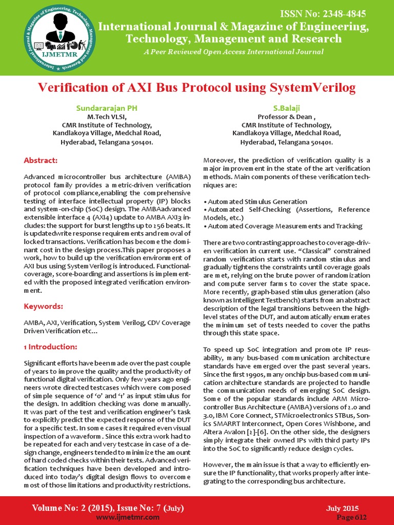 Verification of Axi Bus Protocol Using Systemverilog | PDF | Computer Architecture | Electronics