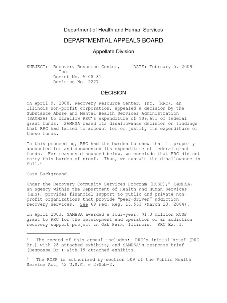 Departmental Appeals Board DAB2227 Recovery Resource Center, Inc. (02. ...