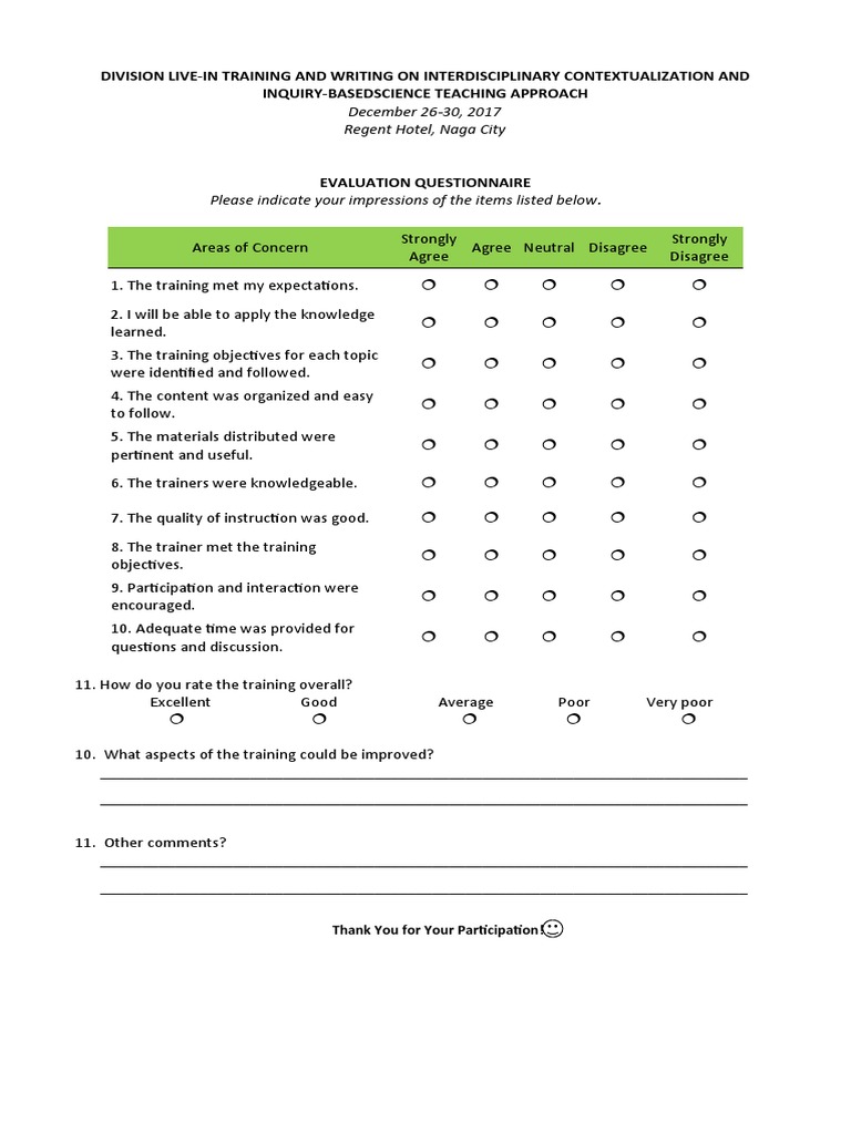 Training Evaluation Questionnaire | Download Free PDF | Education ...