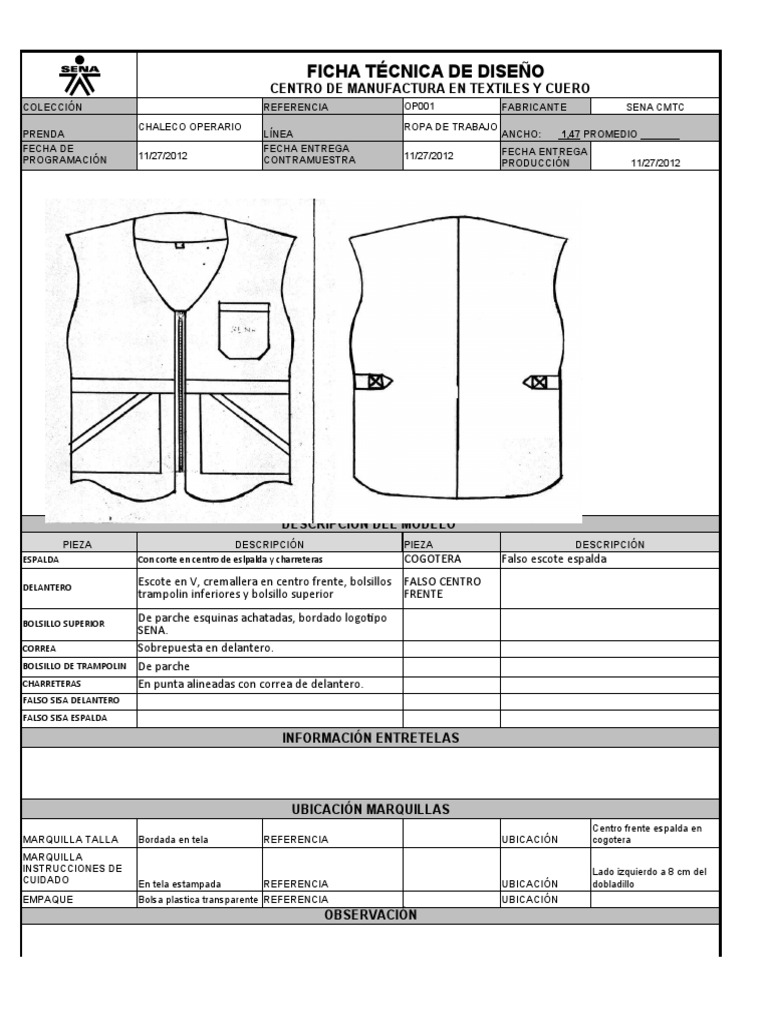 FICHA TECNICA CHALECO Completa | PDF | Delantero (Asociación de Fútbol) | Ropa