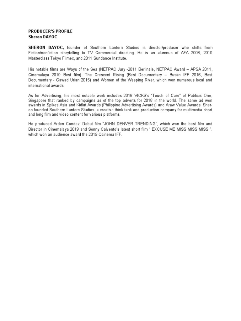 Producer'S Profile Sheron DAYOC SHERON DAYOC, Founder of Southern ...