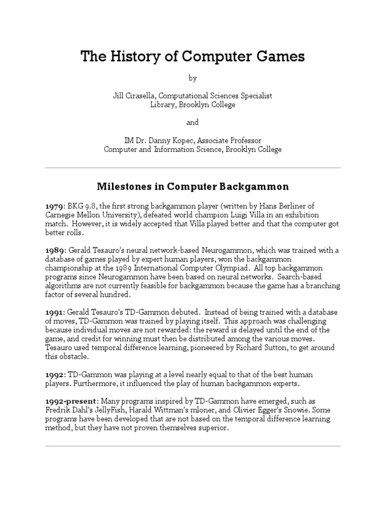 The History of Computer Games: Milestones in Computer Backgammon | PDF ...