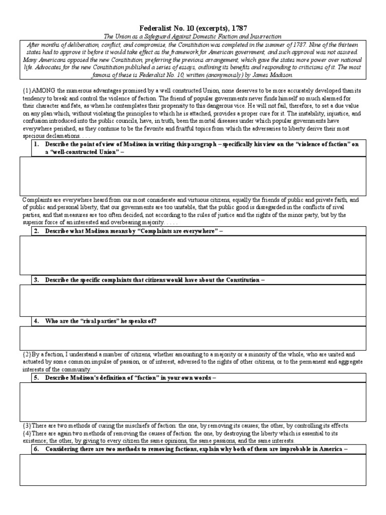 14 Federalist 10 Questions | PDF | James Madison | Democracy