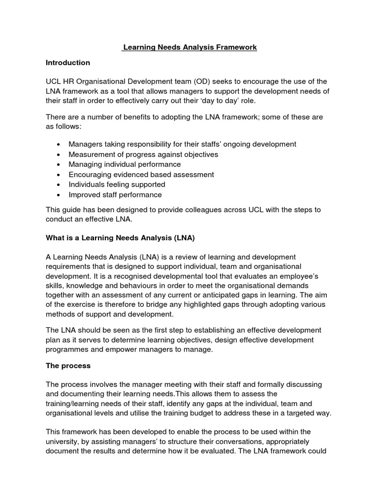 UCL Learning Needs Analysis Framework | PDF | Organization Development ...