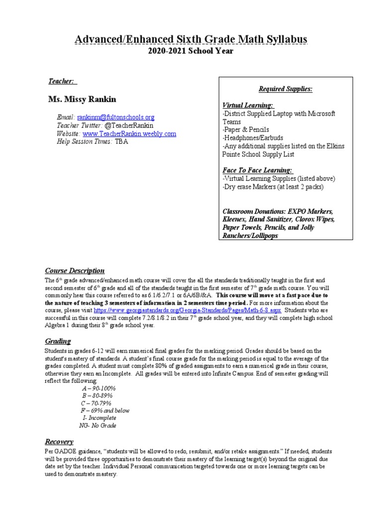 6th Grade Advanced Math Syllabus | PDF | Academic Dishonesty | Textbook