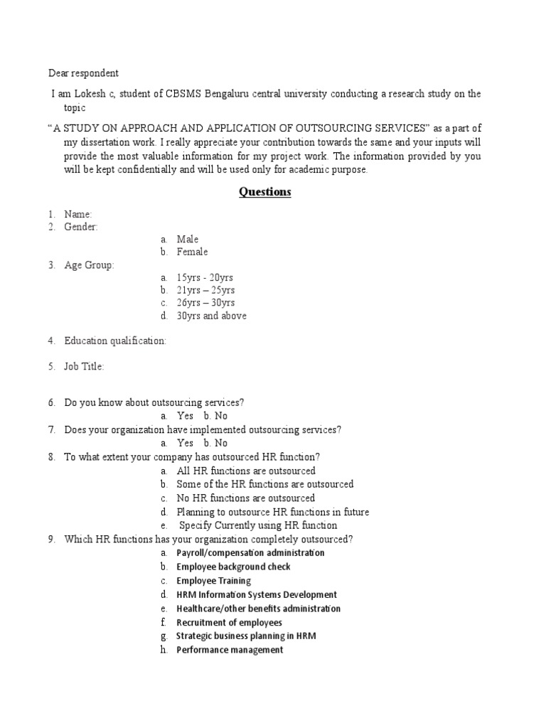 Outsourcing Questionnaire | PDF | Human Resources | Outsourcing