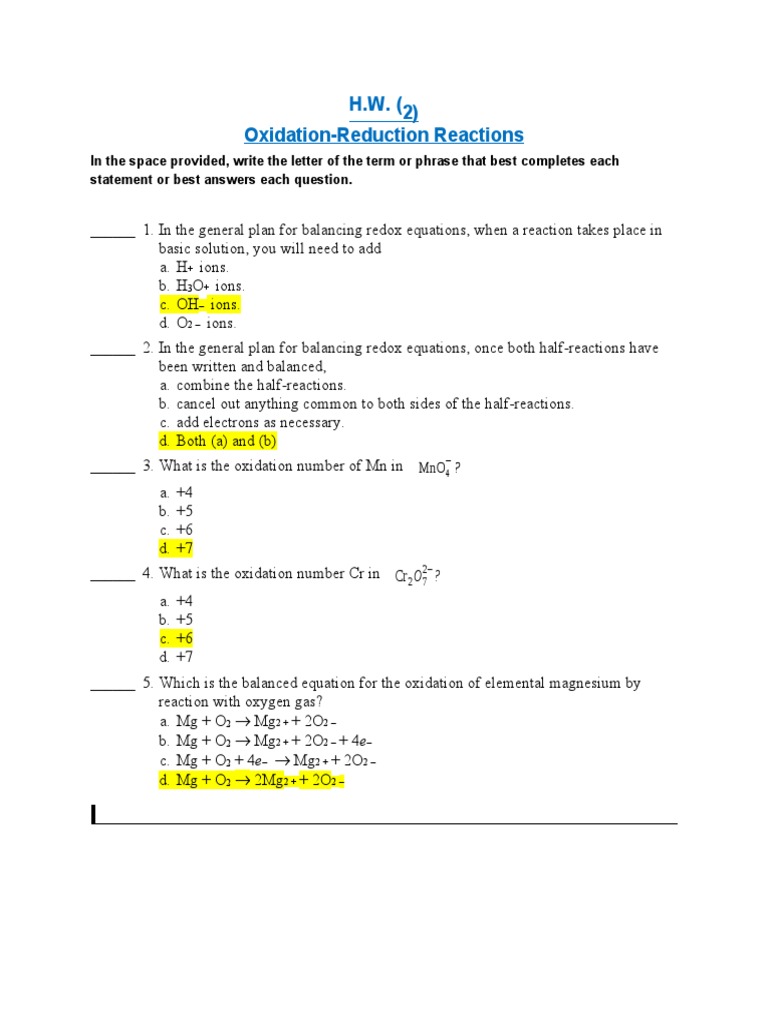Balancing Oxidation Reduction Reactions Worksheet Oxidation