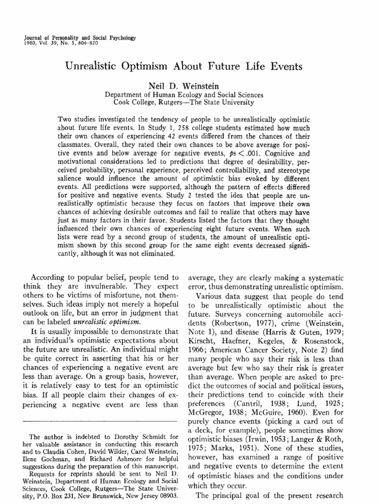 Weinstein, Unrealistic Optimism, JPSP, 1980 | PDF | Optimism ...