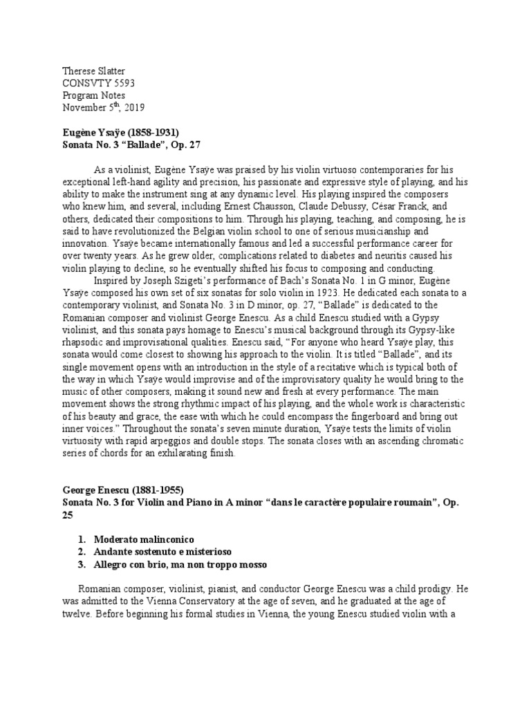 Program Notes To Ysaye's Ballade and Enescu's Violin Sonata No. 3 | PDF ...