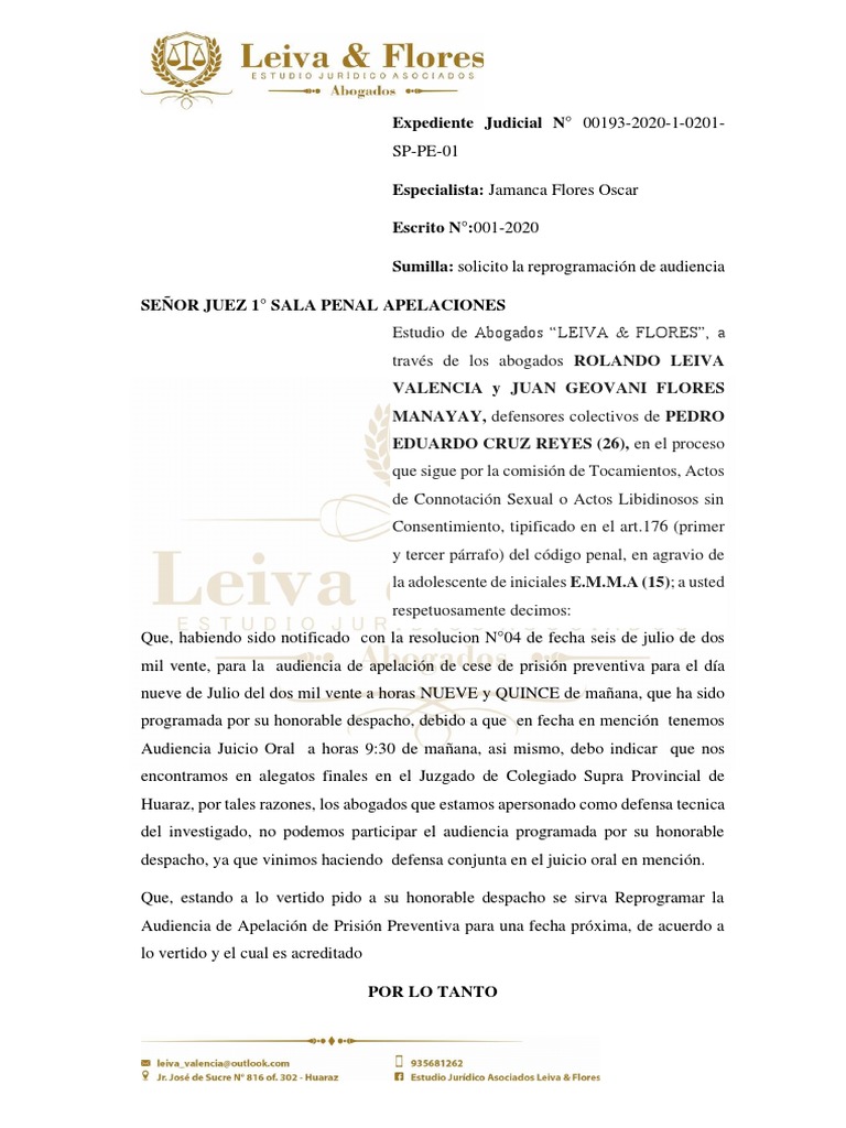 Escrito de Reprogramacion de Audiencia | PDF