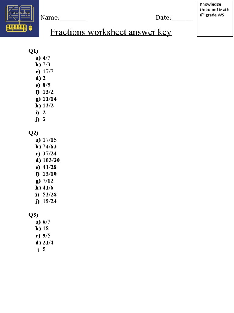 Fractions Worksheet Answer Key: Name: - Date | PDF