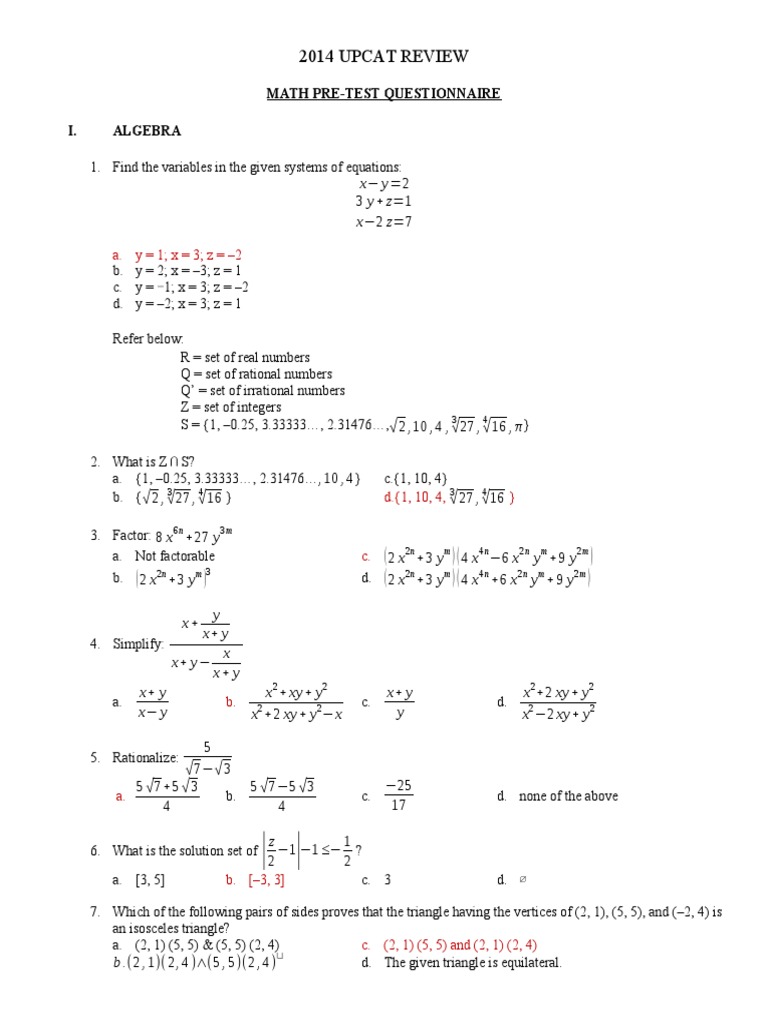 (PRE-TEST) UPCAT Review 2014 - Math Questionnaire-1 | PDF ...