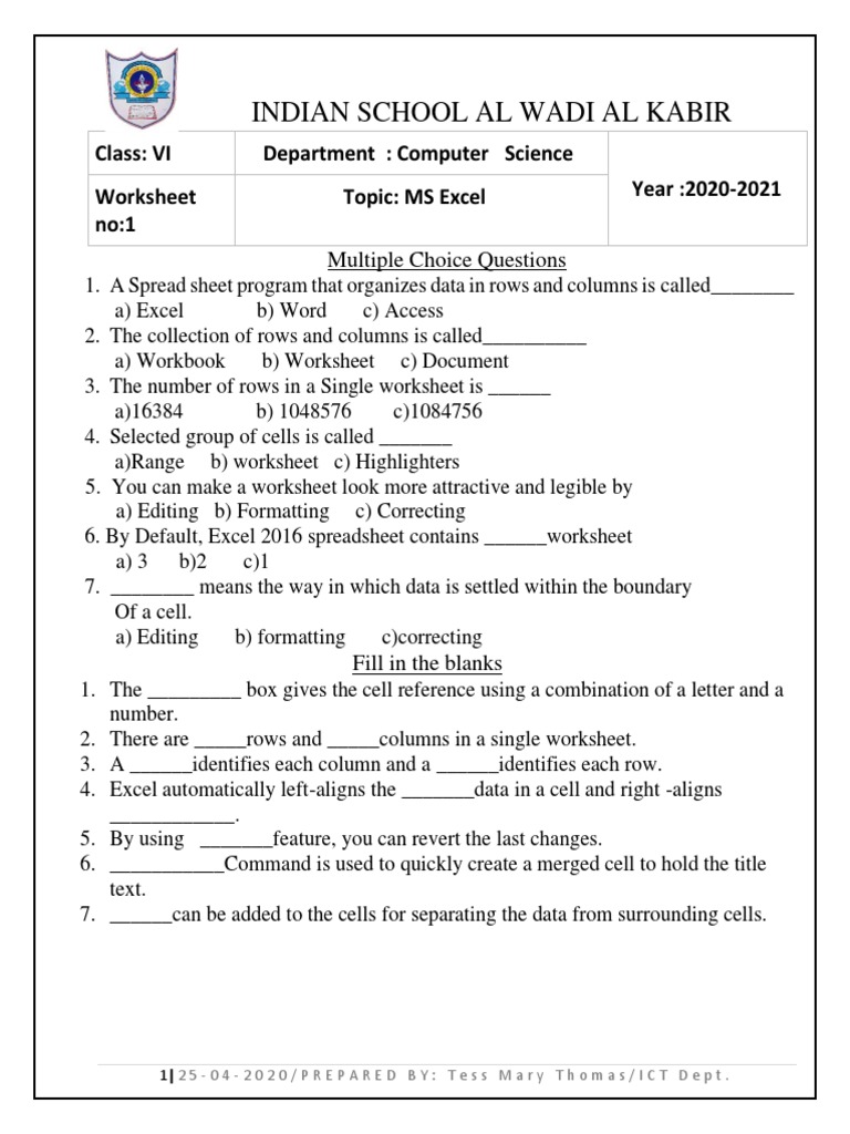 Indian School Al Wadi Al Kabir: Class: VI Department: Computer Science ...