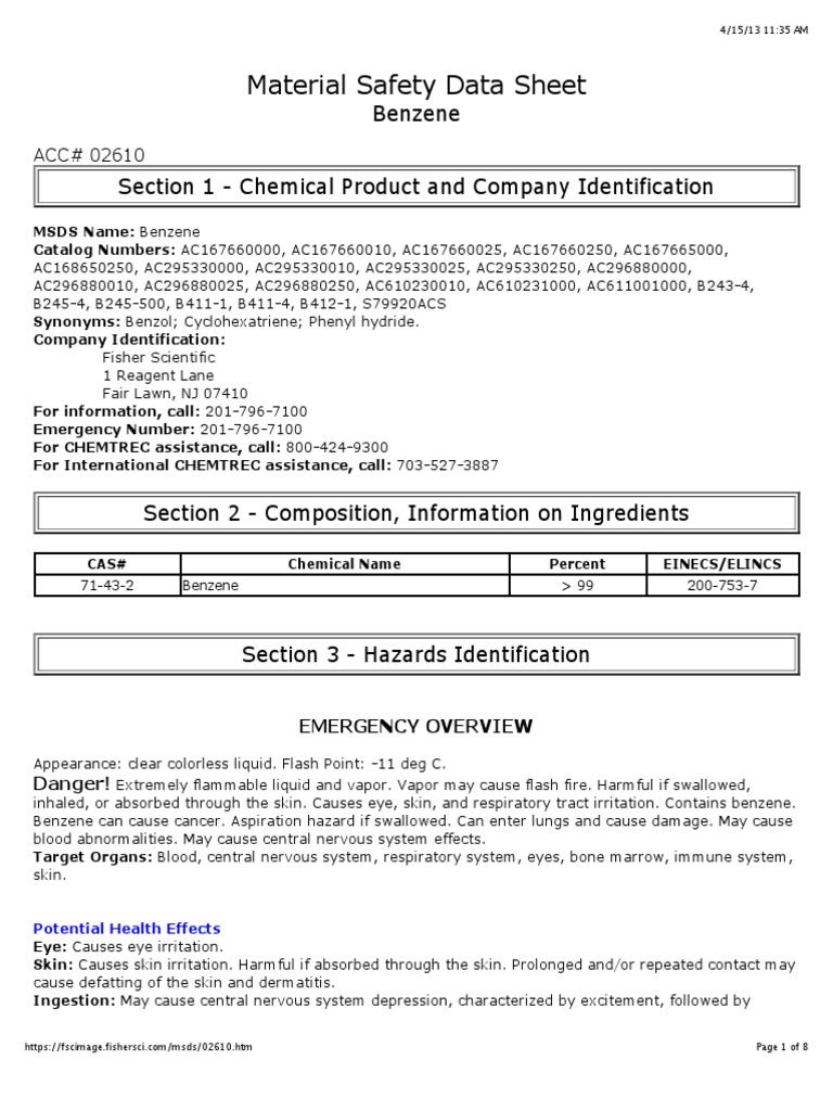 Benzene Safety Data Sheet Summary | PDF | Benzene | Respiratory System