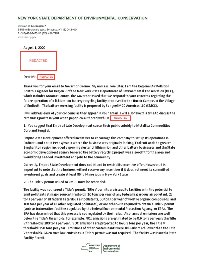 DEC Letter Response 080120 (110975) | PDF | Air Pollution ...