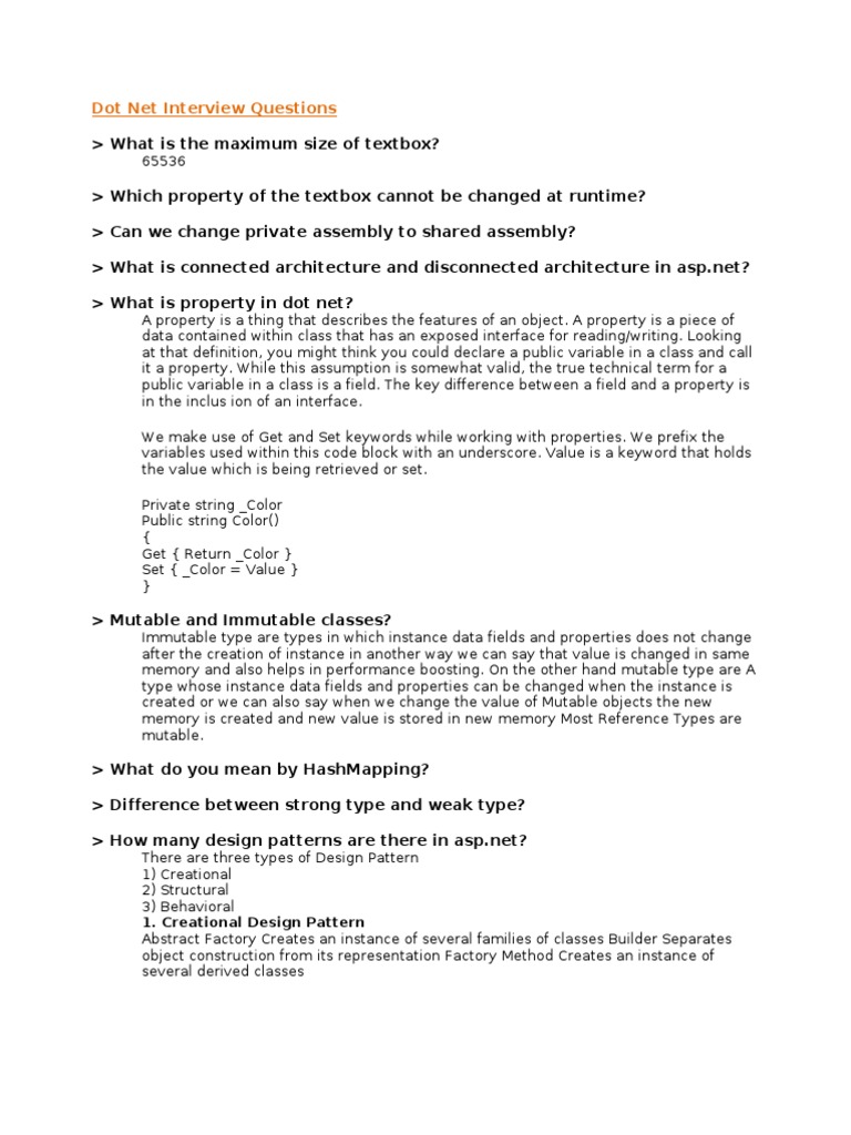 Dot Net Interview Questions: 1. Creational Design Pattern | PDF | Component Object Model | Xml