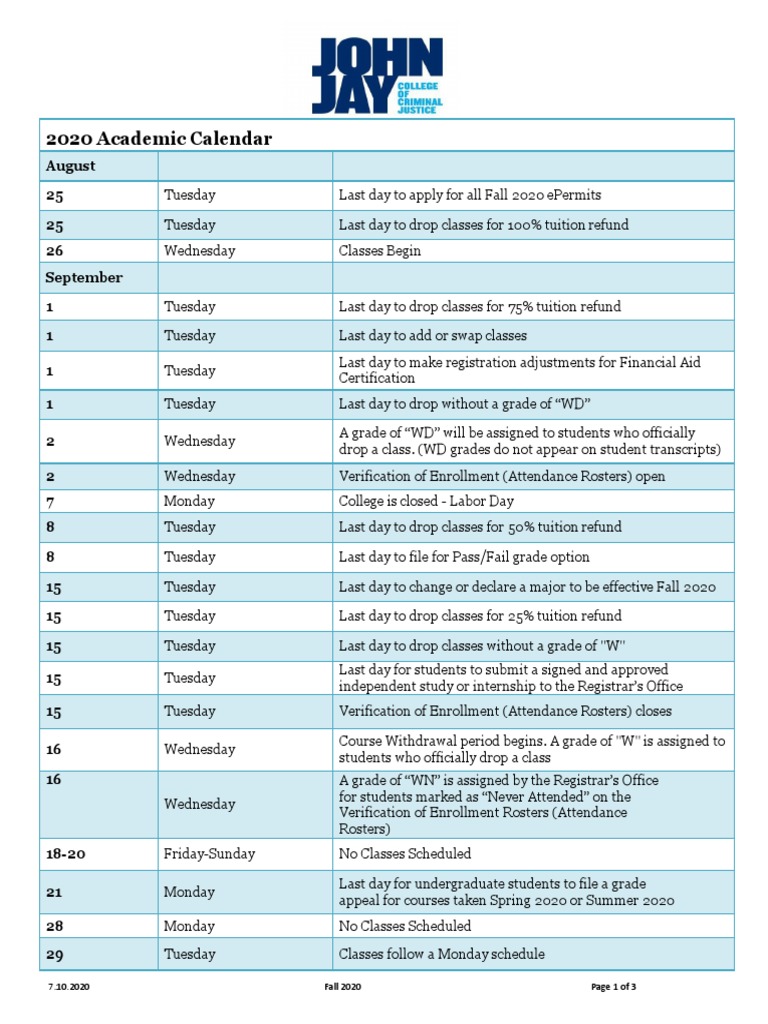 Fall 2020 Academic Calendar PDF | PDF | Workweek And Weekend ...