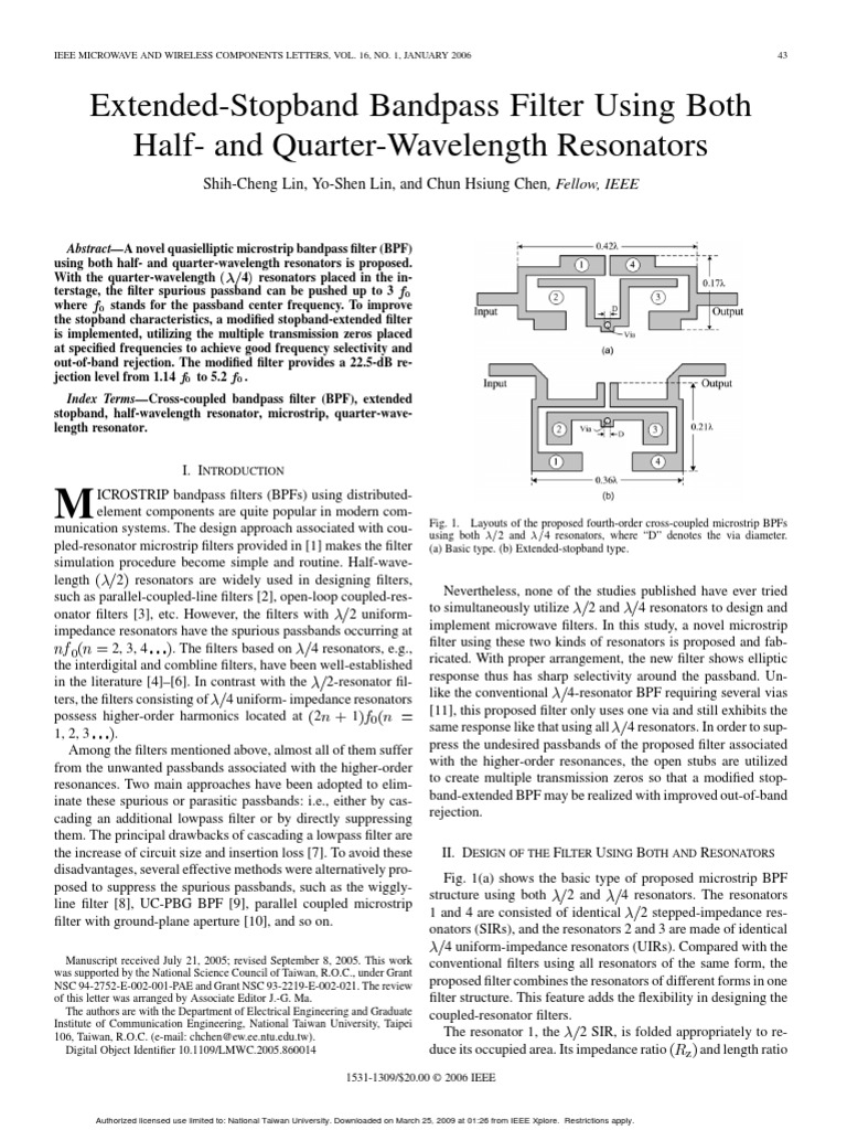 Extended-Stopband Bandpass Filter Using Both Half-And Quarter ...