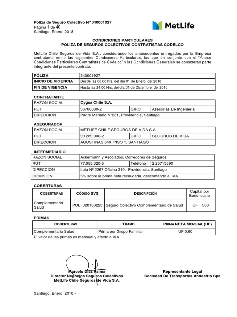 PÓLIZA METLIFE 2018.pdf | Póliza de seguros | Seguro