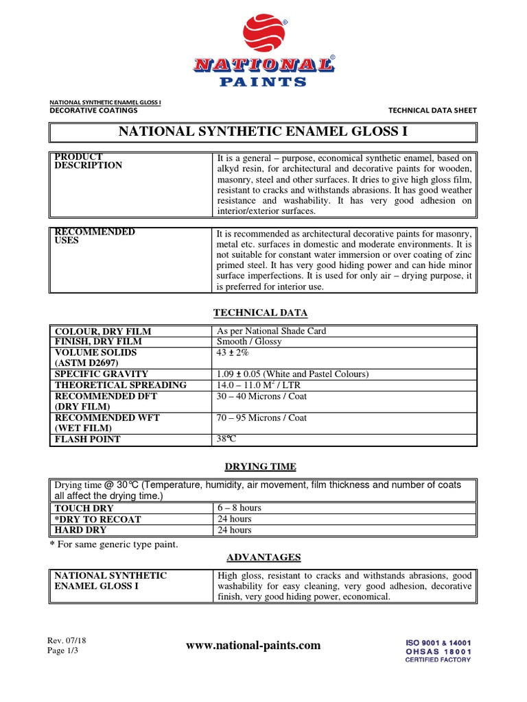 Paint Data Sheet - National Synthetic Enamel Gloss I | PDF | Vitreous ...