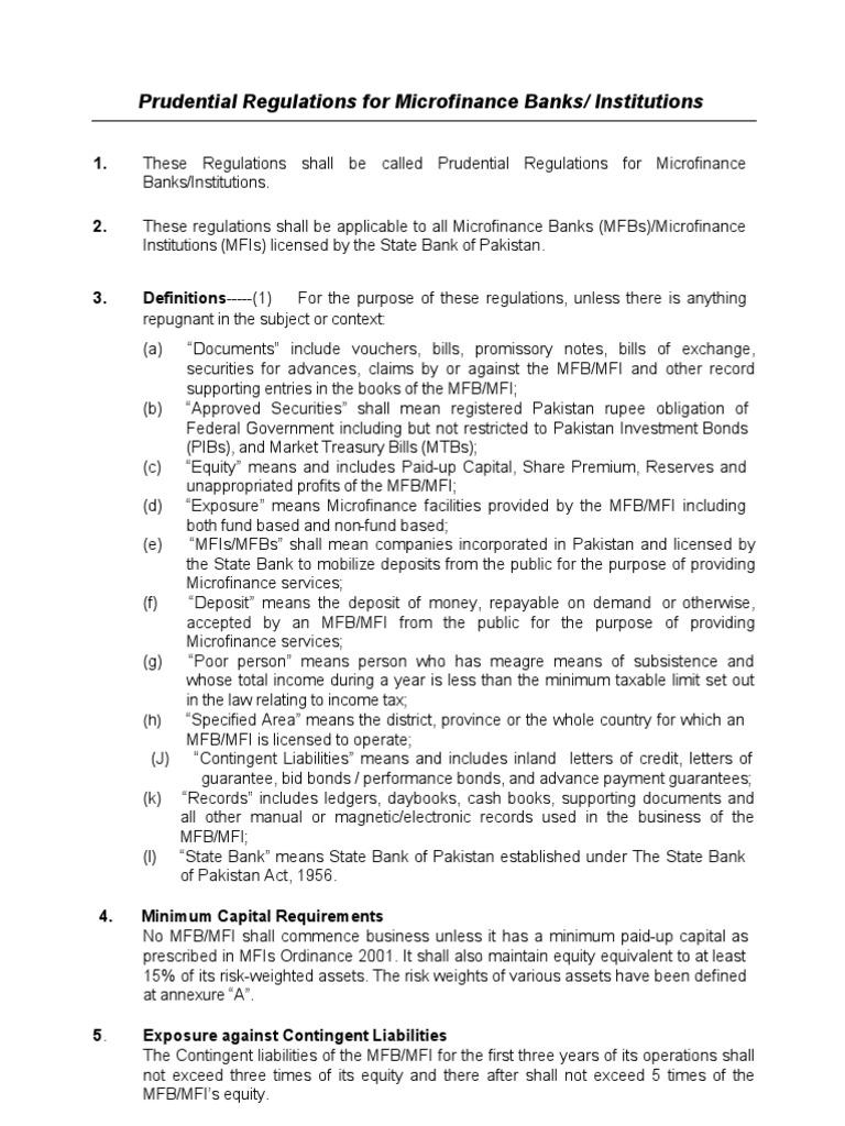 Prudential Regulations For Microfinance Banks/ Institutions: Page # 1 ...
