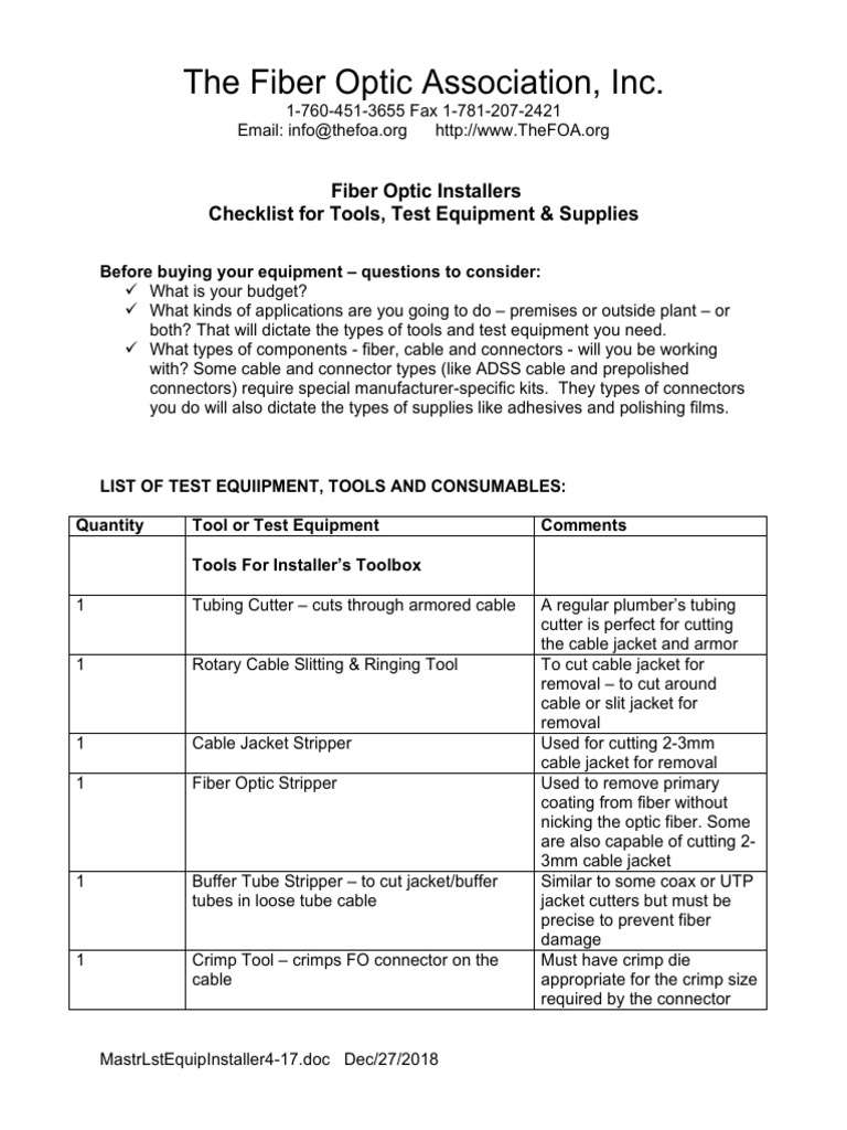 Fiber Optic Installer Equipment Checklist | PDF | Optical Fiber | Epoxy