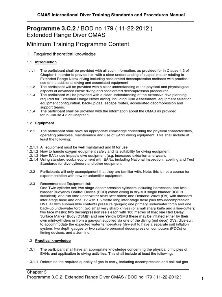 Extended Range Diver CMAS Minimum Training Programme Content | PDF ...
