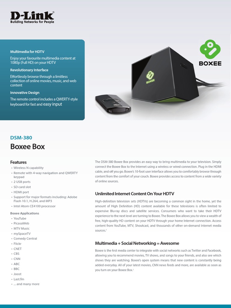 DSM 380 Boxee Box Datasheet EN | PDF | High Definition Television | Media Technology