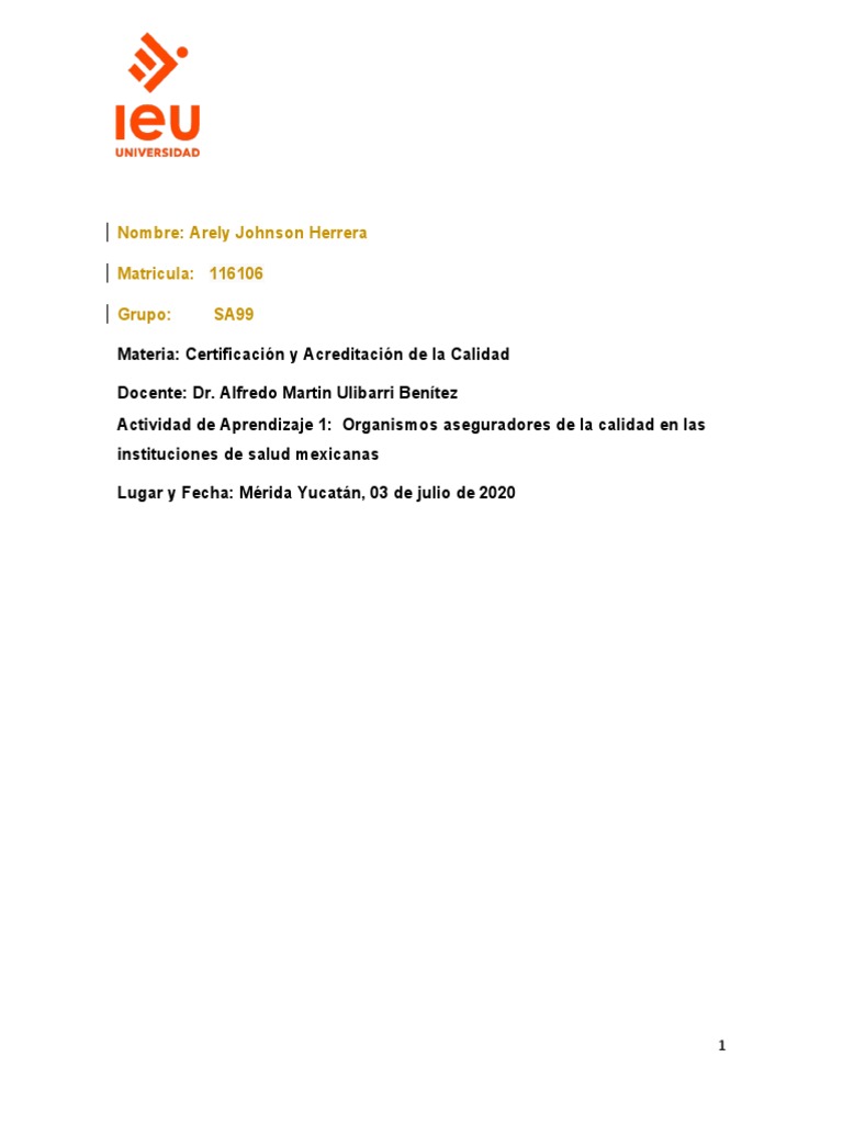 Actividad de Aprendizaje 1 Organismos Aseguradores de La Calidad en Las ...