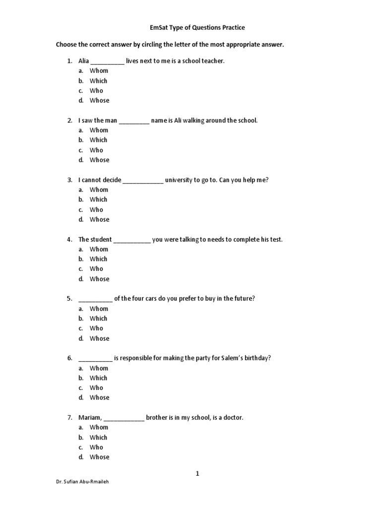 Emsat Type of Questions Practice Choose The Correct Answer by Circling ...