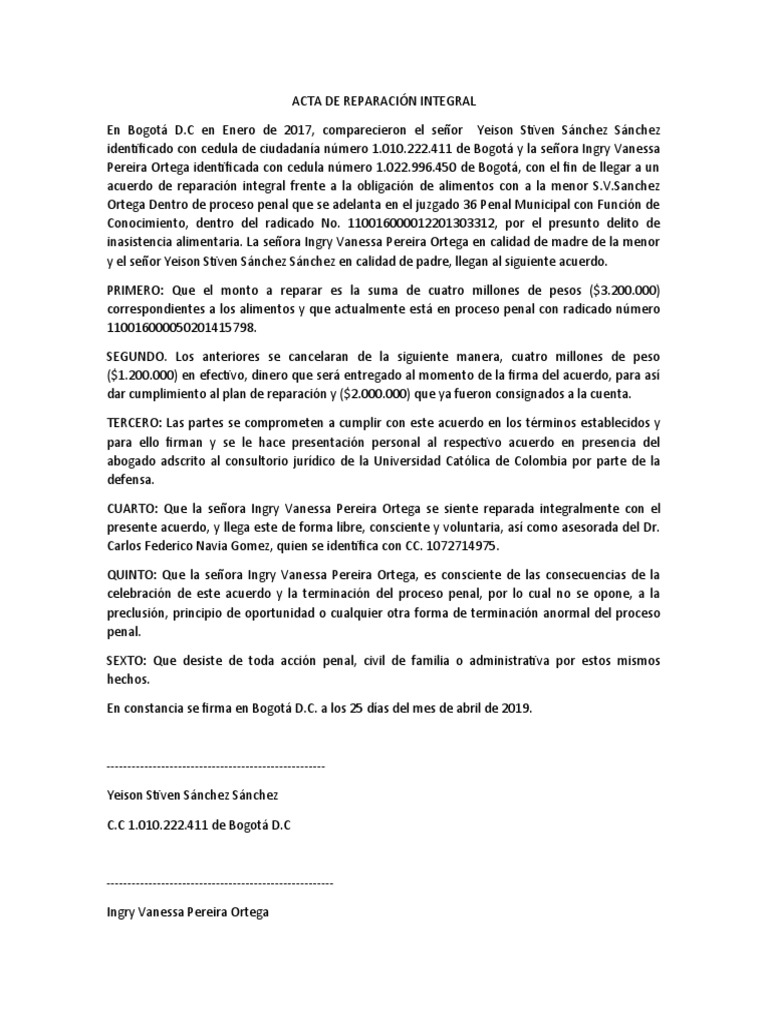 Acta de Reparación Integral Yeison | PDF | Bogotá | Instituciones sociales
