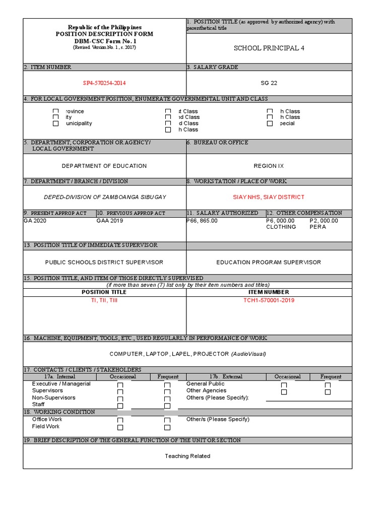 Position Description for School Principal at Siay National High School ...
