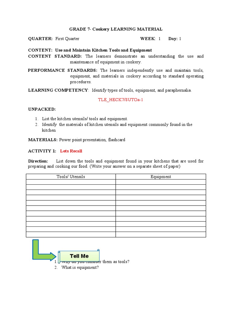 Kitchen Tools and Equipment Guide | PDF | Kitchen Utensil | Cookware ...