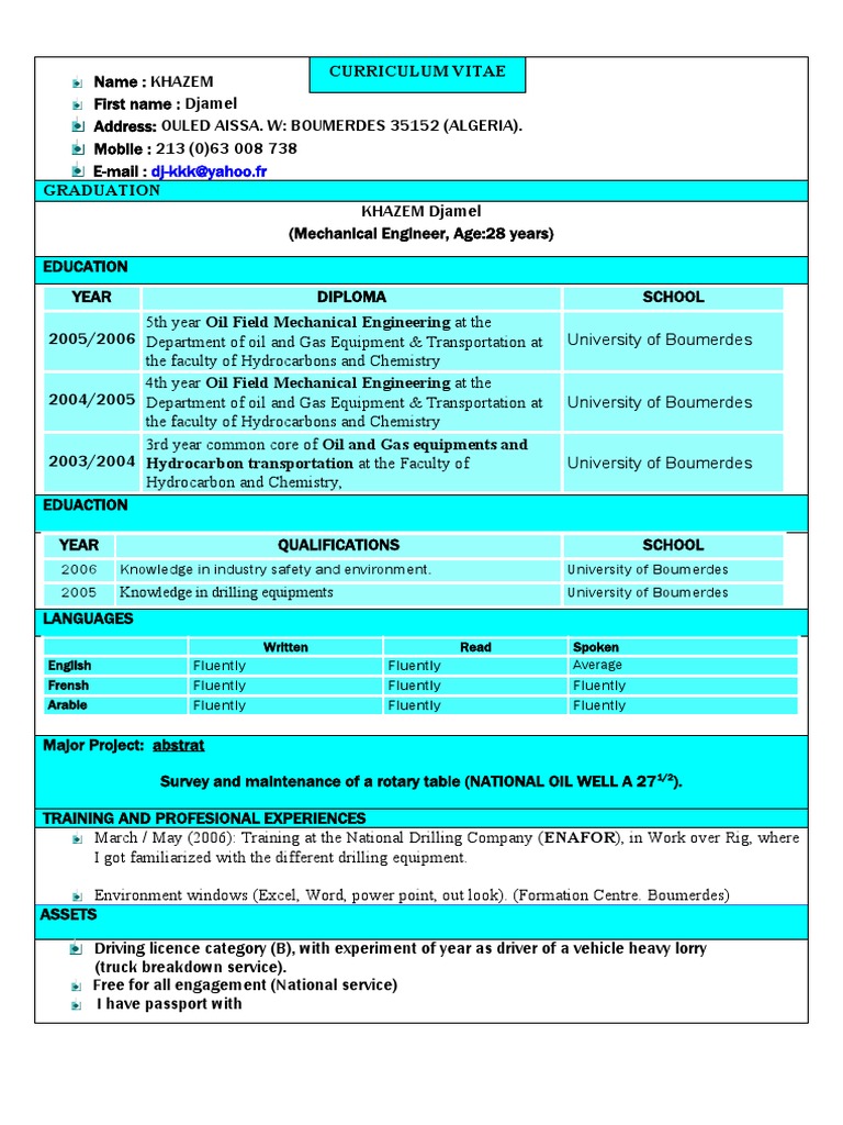 CV - Djamel Eng | PDF | Oil Well | Engineering