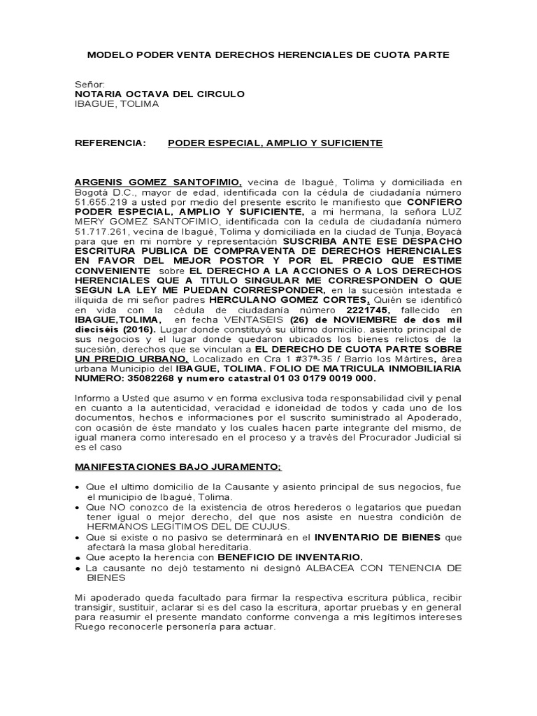 Modelo Poder Venta Derechos Herenciales de Cuota Parte Argenis Gomez Santofimio | PDF | Gobierno