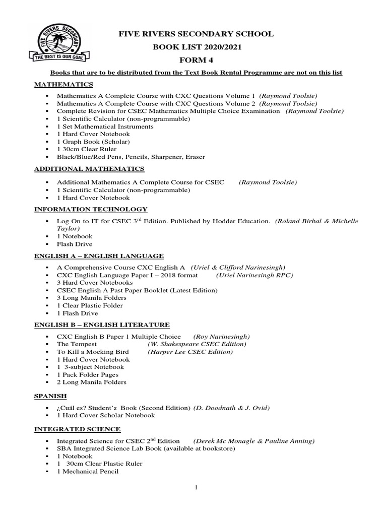Five Rivers Secondary School BOOK LIST 2020/2021 Form 4 | PDF