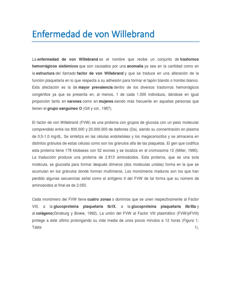 Enfermedad de Von Willebrand PDF | PDF | Plaqueta | Tejido (biología)