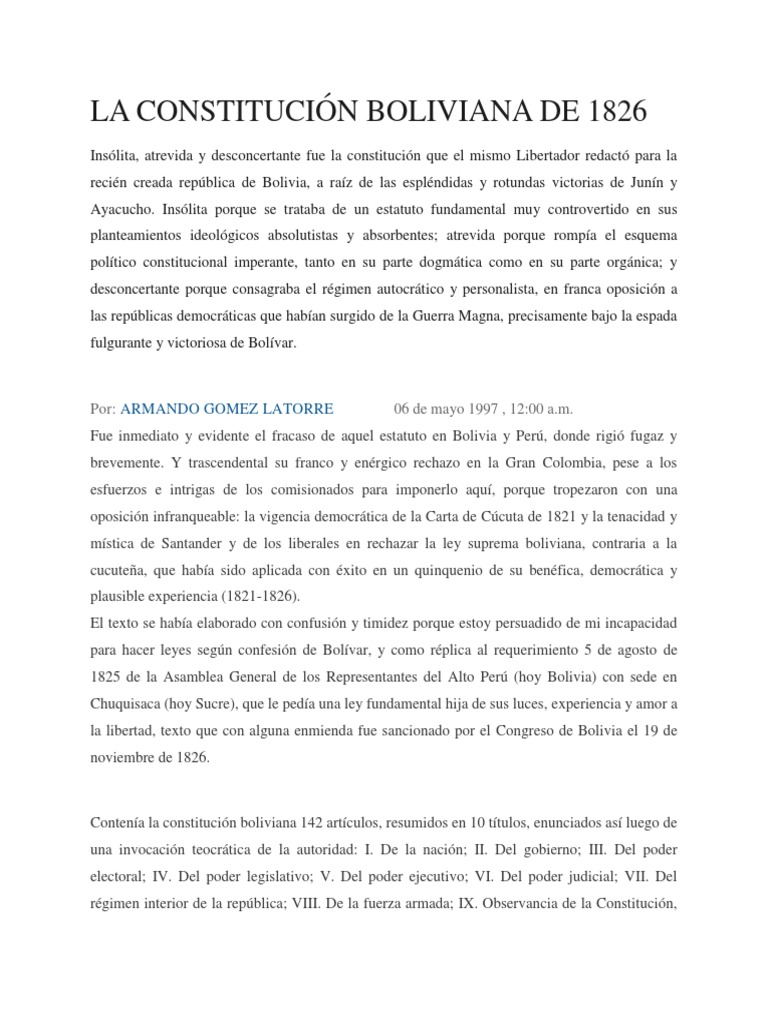 La Constitución Boliviana de 1826 PDF | PDF | República | Constitución