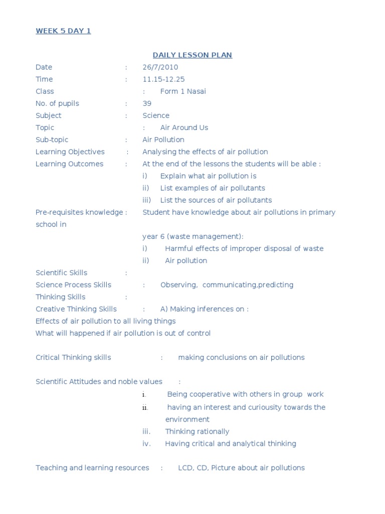 Daily Lesson Plan of Air Pollution 26 Jul 1na | PDF | Air Pollution ...
