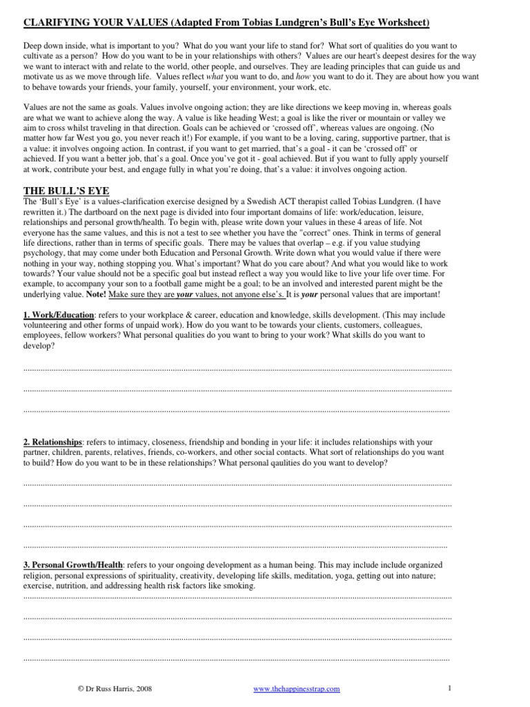 CLARIFYING YOUR VALUES (Adapted From Tobias Lundgren's Bull's Eye ...