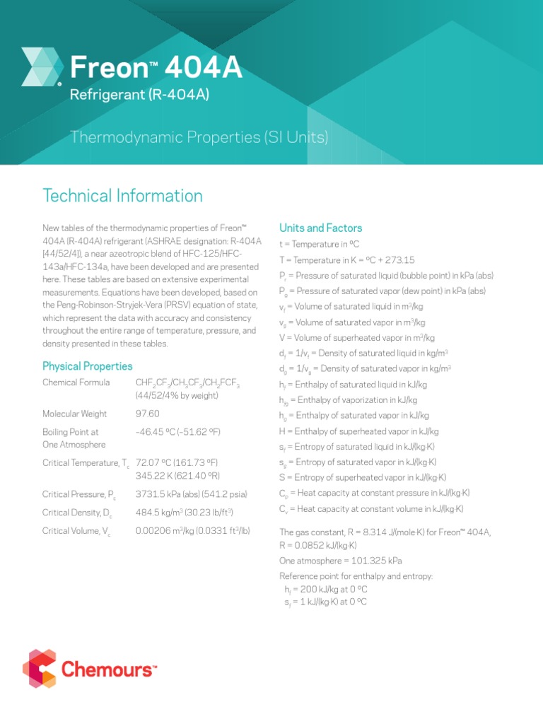 Freon 404A - Thermodynamic Properties-Si PDF | PDF | Enthalpy | Pressure